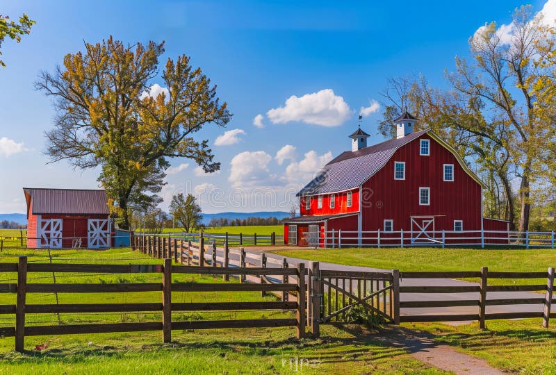 Red Barn and White Shed on Farm. a Red Barn with White Trim Stock Image ...