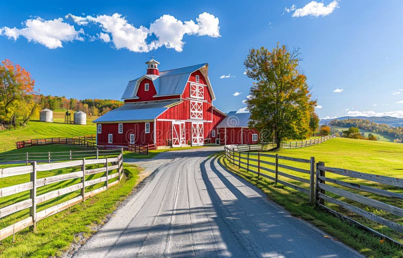Red Barn and White Silo on Farm with Blue Sky and Clouds in Rural Stock ...