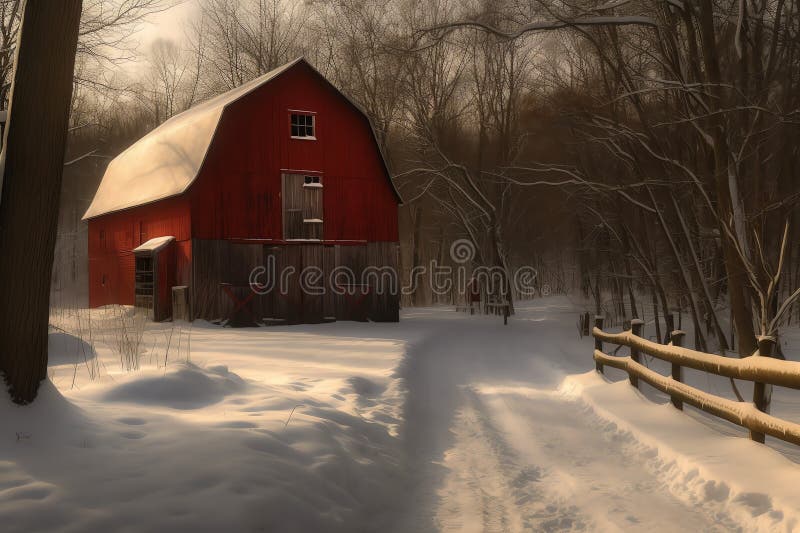 Red Barn in Winter. Generative AI Stock Image - Image of vintage ...