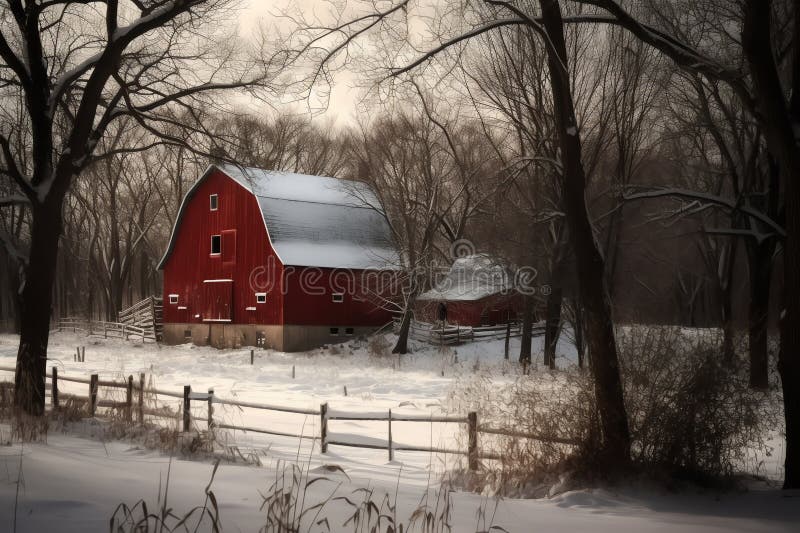 Red Barn in Winter. Generative AI Stock Image - Image of bungalow ...