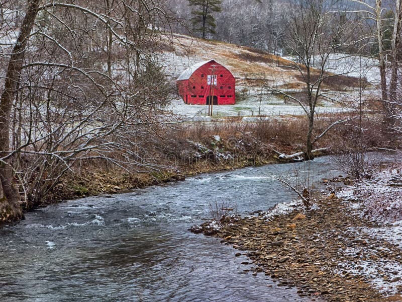 Red Barn in Winter Near a Mountain River Stock Photo - Image of nature ...