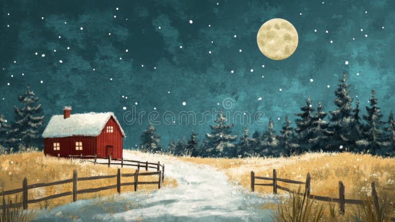 Red Barn Winter Night Scene Under Full Moon Stock Illustration ...