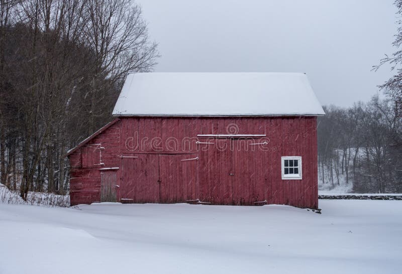 Red Barn in Winter Snowfall Stock Image - Image of winter, antique ...