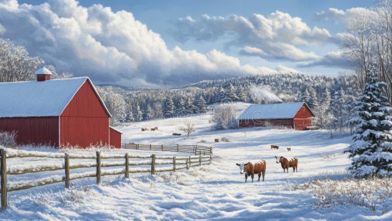 Red Barns and Cows in a Snowy Winter Landscape Stock Illustration ...