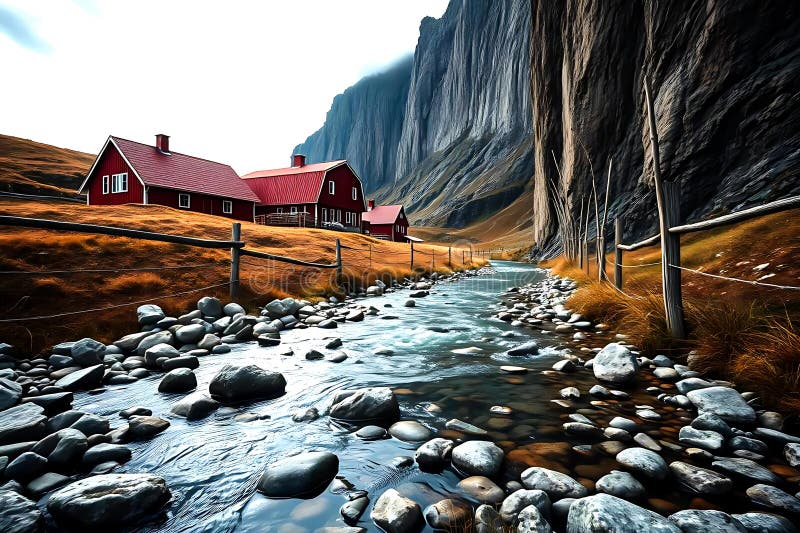 Red Barns beside a Mountain Stream Stock Illustration - Illustration of ...