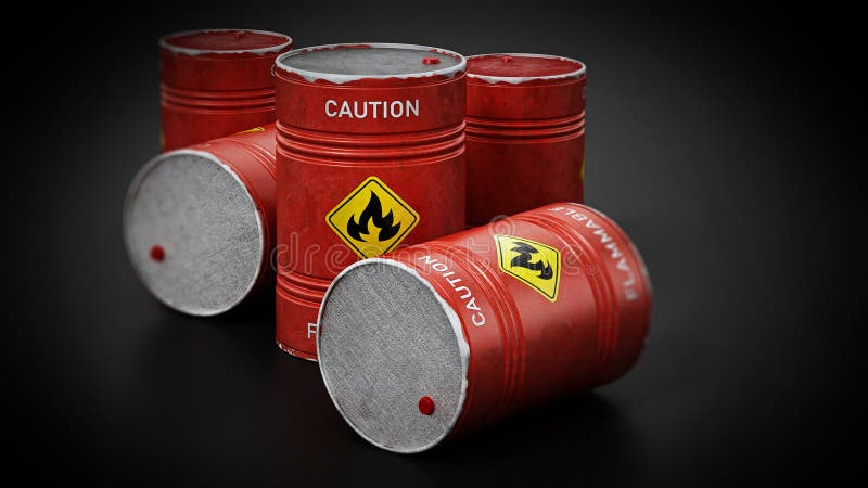 Red Barrels with Caution Flammable Warning Text and Fire Symbol ...