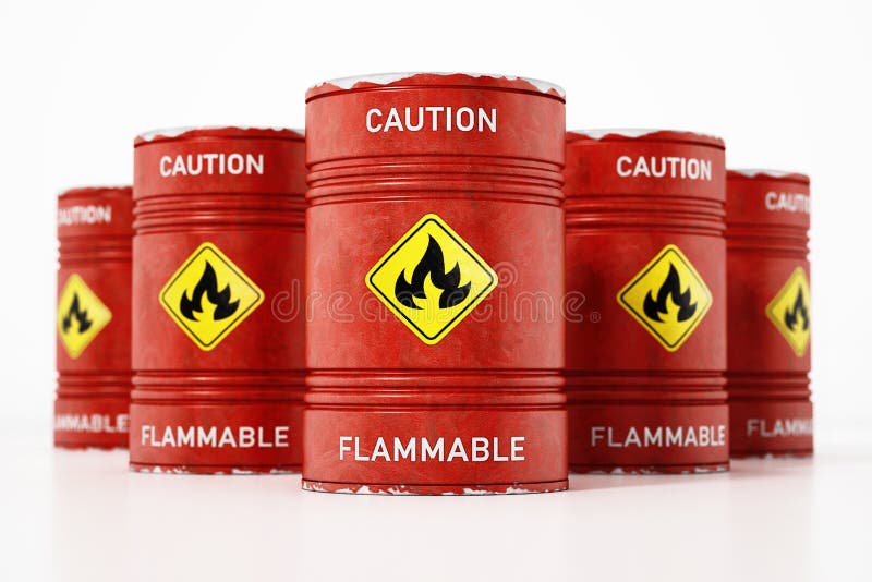 Red Barrels with Caution Flammable Warning Text and Fire Symbol ...