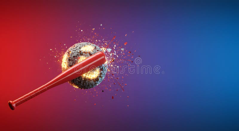 Red Baseball Bat Smashing a Glittering Sphere, Abstract Destruction ...
