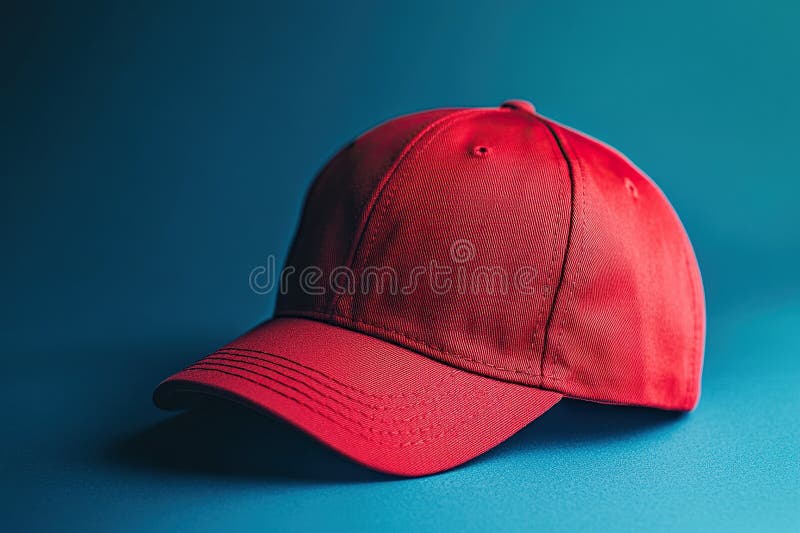 Red Baseball Cap on Blue Background. Side View. Branding Mockup Stock ...