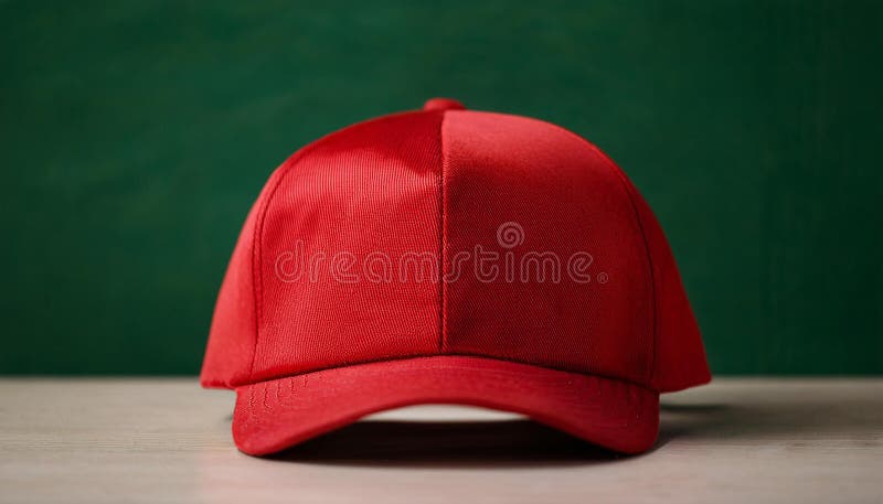 Red Baseball Cap Mock-up, Front View on Table. Dark Green Backdrop ...