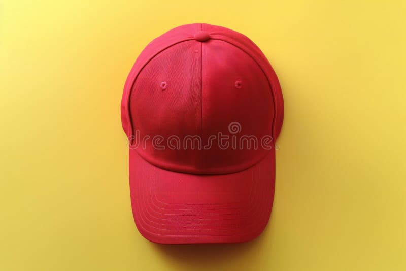 Red Baseball Cap Mockup on Yellow Background with Empty Space for ...