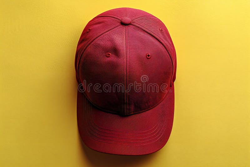 Red Baseball Cap Mockup on Yellow Background with Empty Space for ...