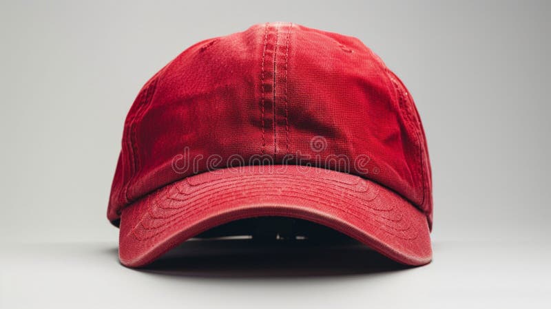 Red Baseball Cap Sits on a Grey Surface, Facing the Viewer. the Cap is ...