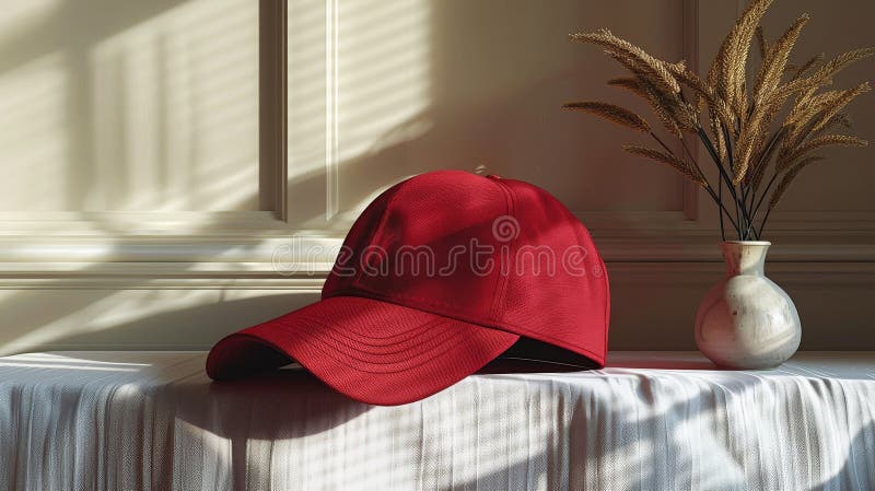 Red Baseball Cap on a Table with Sunlight and Vase Stock Image - Image ...
