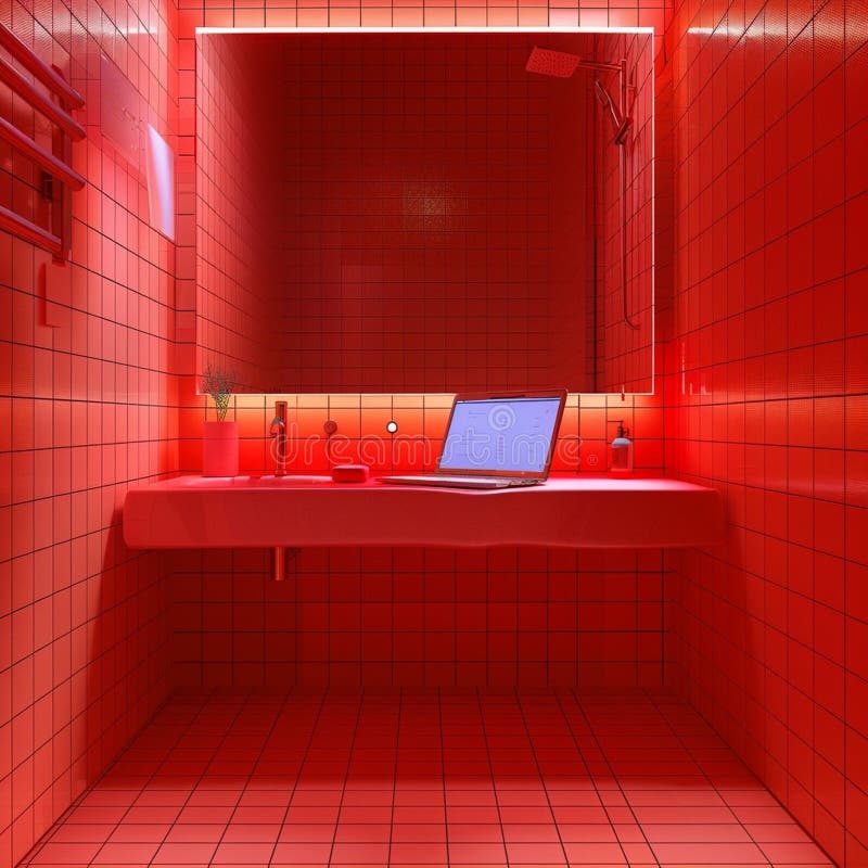 Red Bathroom with a Laptop, Perfect for a Cozy Workspace Stock ...