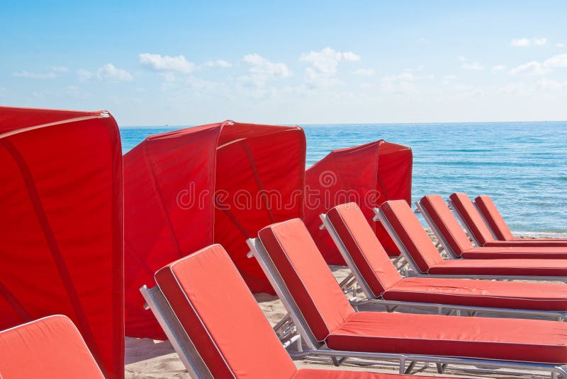 Red Beach Chairs & Cabana Shades Stock Photo - Image of resort, travel ...