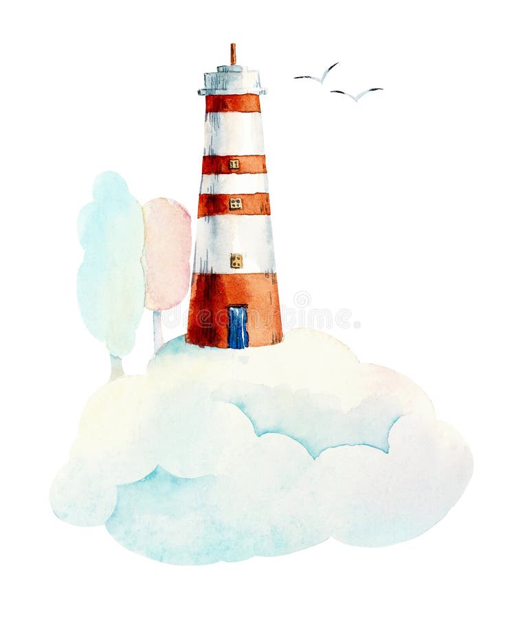 Red Beacon on the Cloud. Watercolor Hand Drawn Illustrations Stock ...