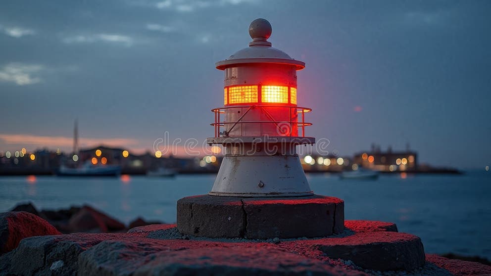 Red Beacon Lighthouse Illuminated at Dusk by the Harbor Stock Photo ...