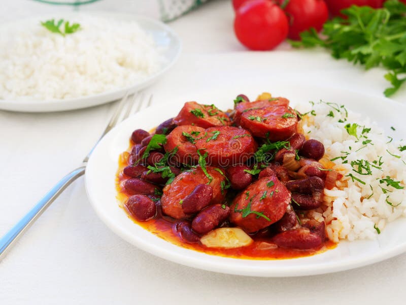 Red Beans and Rice with Sausage on White Table Stock Image - Image of ...