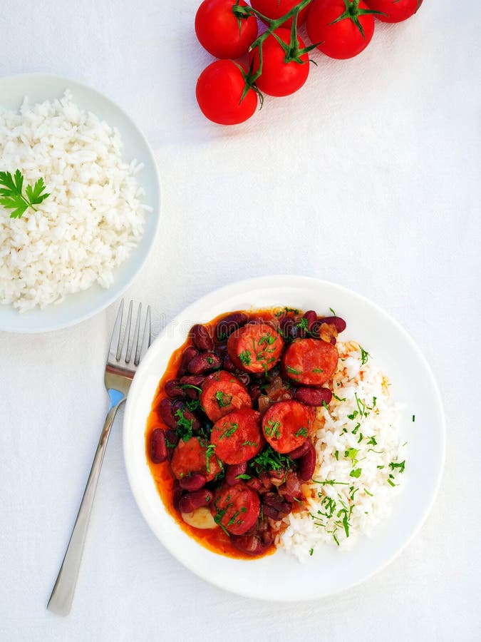 Red Beans and Rice with Sausage Over the Table, Vertical Stock Image ...