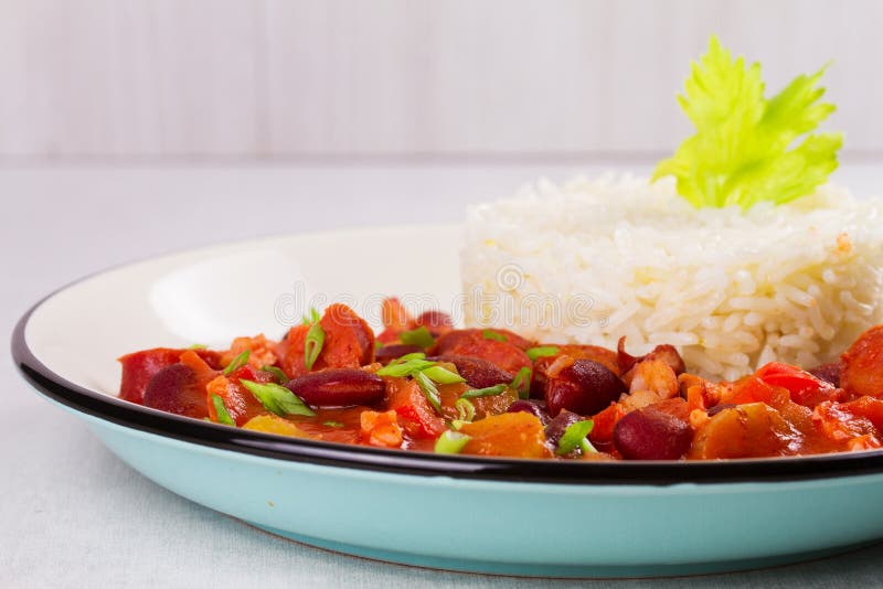 Red Beans with Sausages, Pancetta, Celery Stalks and Rice. Stock Image ...