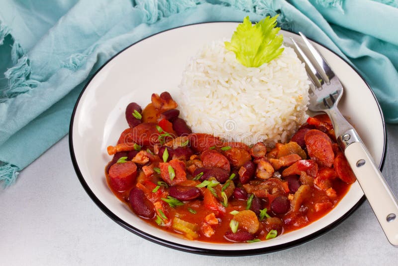 Red Beans with Sausages, Pancetta, Celery Stalks and Rice. Stock Image ...