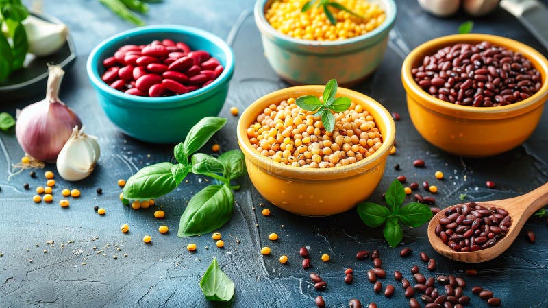 Red Beans, Yellow Split Peas, and Basil on Dark Countertop Stock Image ...