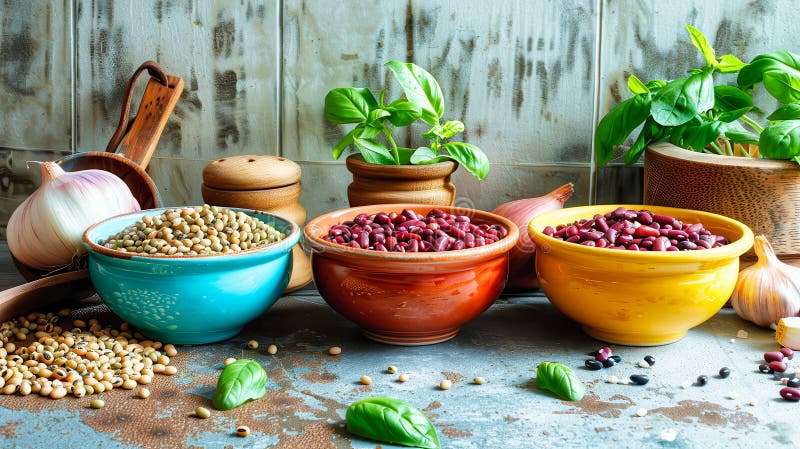 Red Beans, Yellow Split Peas, and Basil on Dark Countertop Stock Photo ...