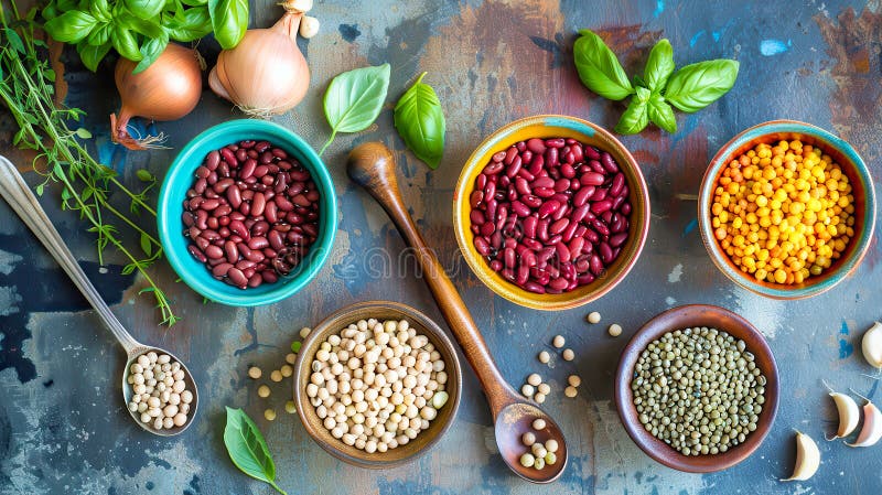 Red Beans, Yellow Split Peas, and Basil on Dark Countertop Stock Photo ...
