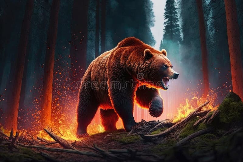 Red Bear, Roaring and Charging through Burning Forest, Defending Its ...