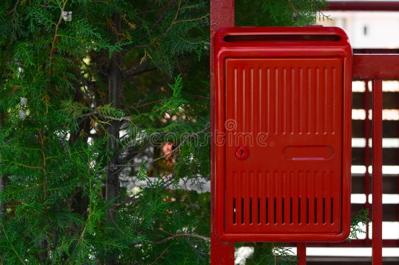 Red Beautiful Metal Letter Box Near Tree Outdoors Stock Image - Image ...