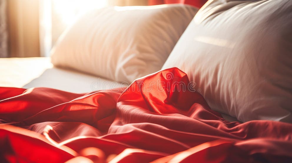 Red Bedding Sheets and Pillow Background, Messy Bed Concept Stock ...