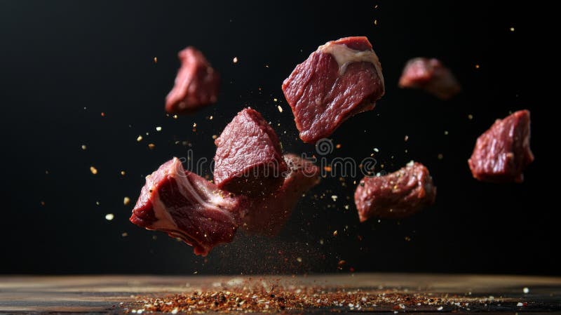 Red Beef Cubes Falling on Wooden Surface Stock Illustration ...