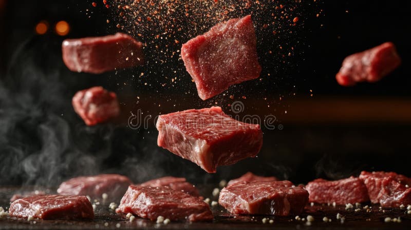 Red Beef Cubes Levitating Above Dark Surface Stock Illustration ...