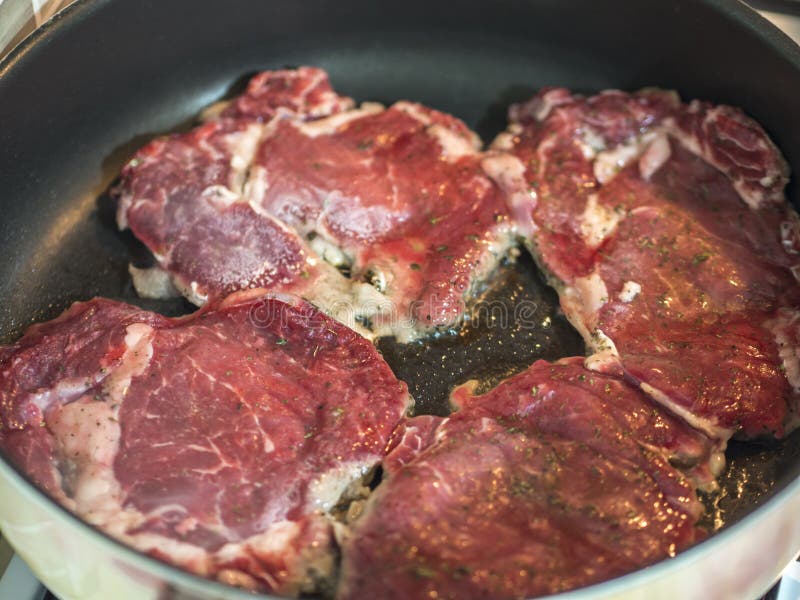 Red Beef Steak Being Cooked in Pan Close-up Stock Photo - Image of meal ...