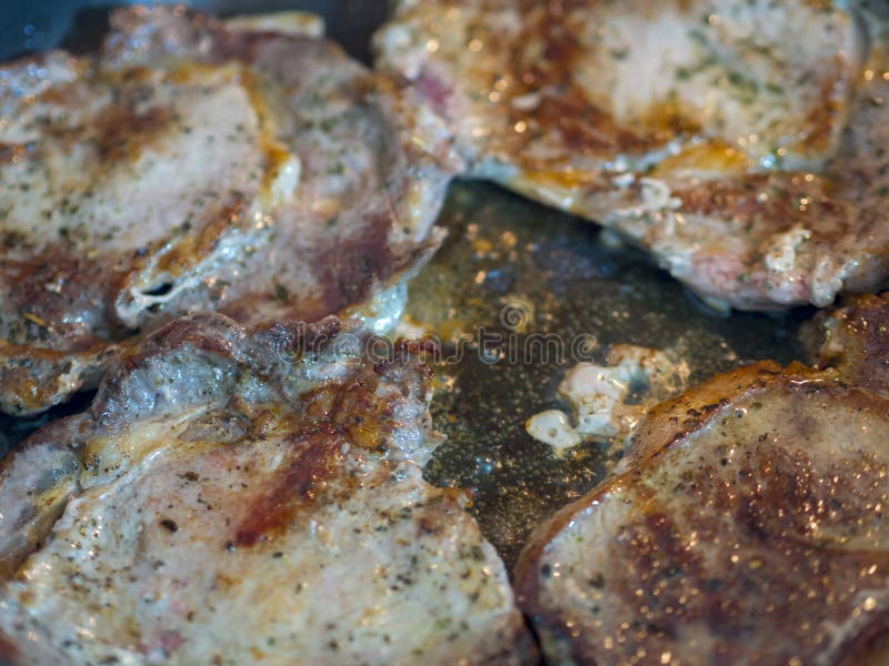 Red Beef Steak Being Cooked in Pan Close-up View Stock Image - Image of ...