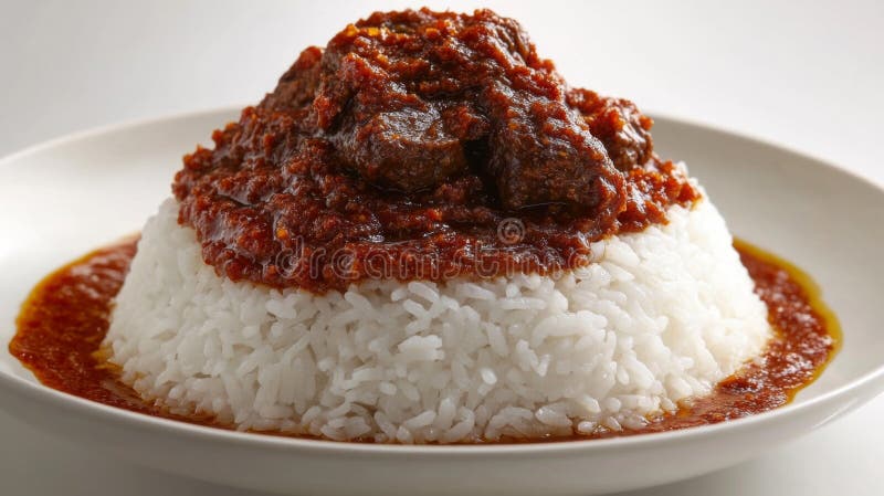 Red Beef Stew Over Mound of White Rice on Plate Stock Illustration ...