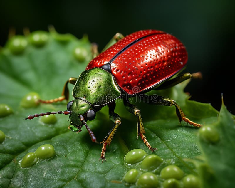 A Red Beetle on a Green Leaf Stock Illustration - Illustration of ...