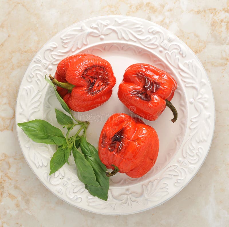 Red Bell Pepper and Cherry Tomatoes Roasted on the Grill Stock Photo ...