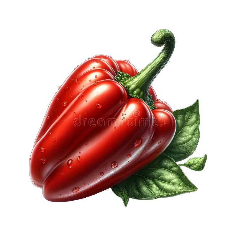 A Red Bell Pepper with Green Leaves, Sitting on a White Background ...