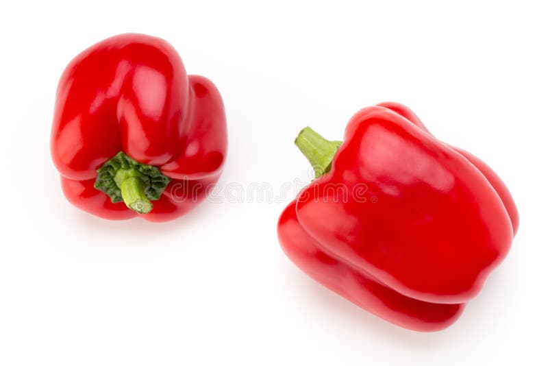 Red Bell Pepper with Half and Leaves Isolated on White. Stock Photo ...