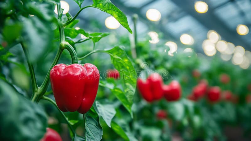 Red Bell Pepper Hanging from a Plant in a Greenhouse Stock Illustration ...