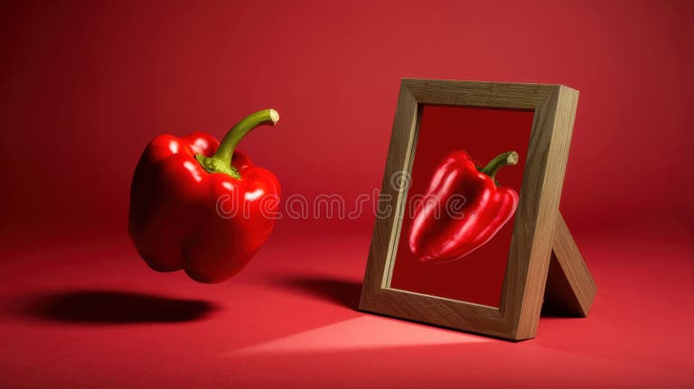 Red Bell Pepper with Reflection in Mirror on Intense Red Background ...
