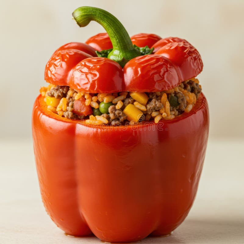 Red Bell Pepper Stuffed with Rice, Ground Beef and Vegetables Stock ...