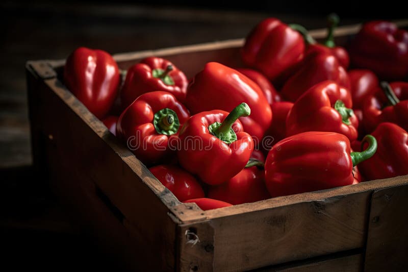 Red Bell Peppers in Wooden Box Created by Generative AI Stock ...