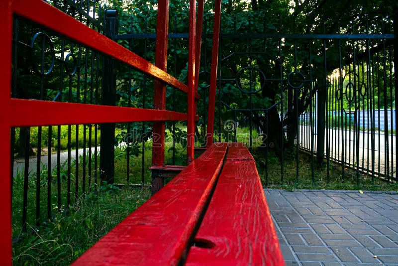 Red Bench at the Bus Stop among the Trees Stock Image - Image of high ...