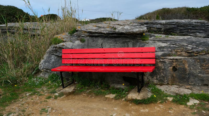 Red Bench in Front of a Huge Rock Stock Image - Image of nature, seats ...