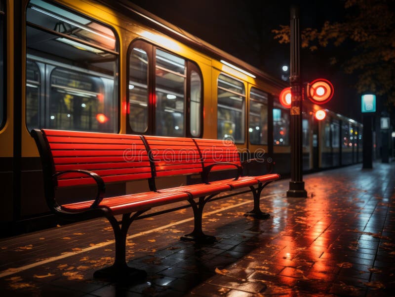 A Red Bench Sitting in Front of a Train at Night Stock Illustration ...