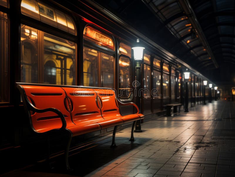 A Red Bench Sitting on a Train Platform at Night Stock Illustration ...