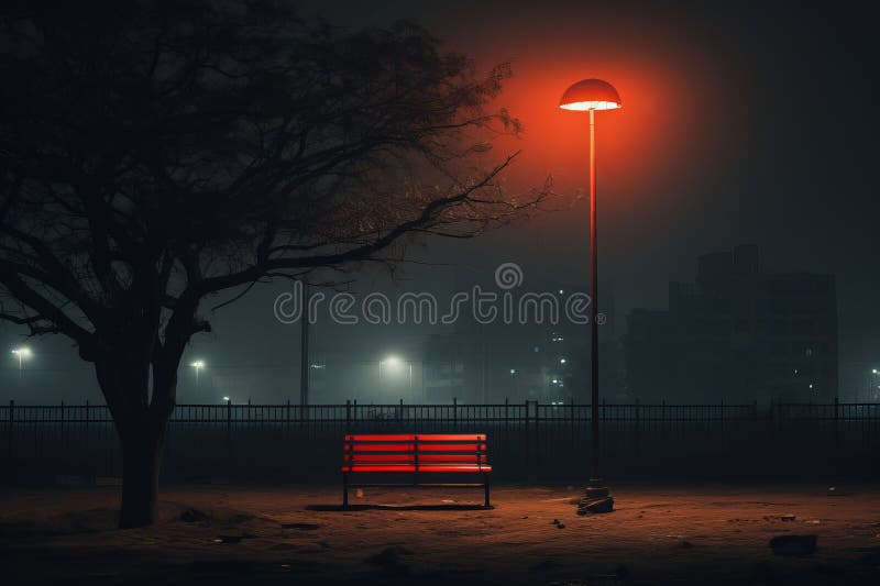 A Red Bench Sitting Under a Street Light at Night Stock Illustration ...